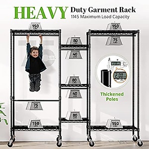 HOKEEPER Heavy Duty Rolling Wire Garment Rack with Rubber Wheels, Metal Clothing Rack for Hanging Clothes Freestanding Closet Organizer Portable Clothes Rack Wardrobe with 7 Shelves & 5 Hanging Rods