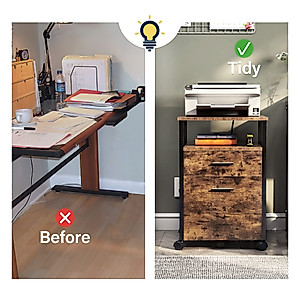 TC-HOMENY Mobile File Cabinet on Wheels Office Cabinet with 2 Drawers, Wood Filing Cabinet fits A4 or Letter Size for Home Office, Rustic Brown