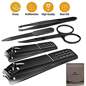 Manicure Pedicure Kit Nail Clippers Set Fingernails & Toenails Vibrissac Scissor 5 Pieces Best Care Tools for Man & Women with Travel Case (Gray/black_A)