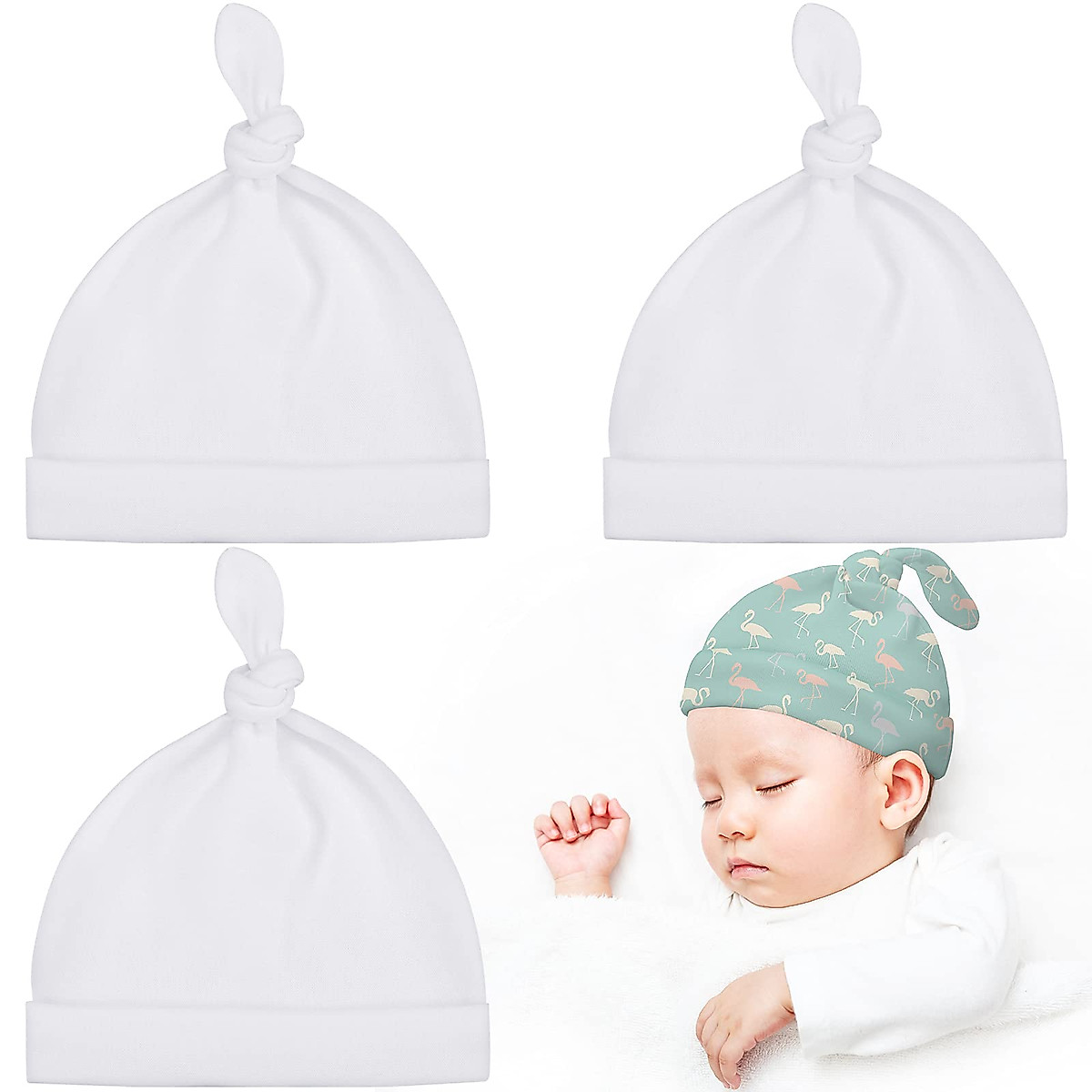 SATINIOR 3 Pieces Sublimation Blank Baby Beanie Hats White Blank Newborn Knotted Beanie Caps Adjustable Sublimation Infant Baby Hats for Boys Girls