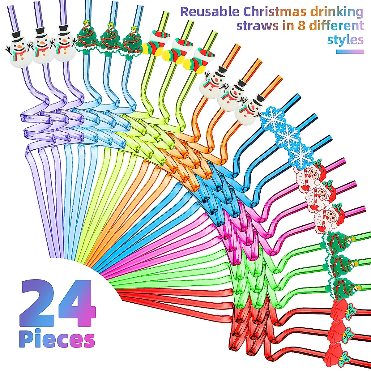 24 Pieces Christmas Drinking Straws Reusable Xmas Theme Party Plastic Straw, Santa Claus Snowman Christmas Tree Baby Shower Colorful Cartoon Straws for Christmas Birthday Party Favors, 8 Styles