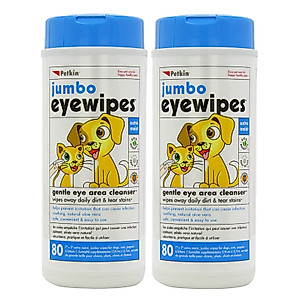 Petkin Jumbo Pet Eye Wipes, 80 Extra Moist Wipes, 2 Pack - Natural Formula Gently Removes Dirt, Discharge, & Tear Stains - Safe, Convenient, & Easy to Use Pet Wipes for Dogs, Cats, Puppies & Kittens