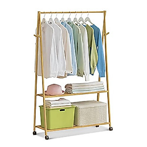 MoNiBloom Bamboo Garment Rack with Wheels Coat Rack Stand Clothes Rack with 2-Tier Storage Rack for Bedroom Living Room Entryway Home Office (Length 37.4", Natural)