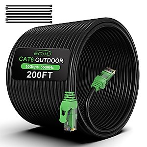 200FT Cat6 Outdoor Ethernet Cable, In-Ground, Heavy Duty Direct Burial, 24AWG CCA Patch Cord for Laptops, PCs, Routers, Printers, Surveillance Camera, POE, UTP Cat 6 Internet Cable with 25 Cable Ties