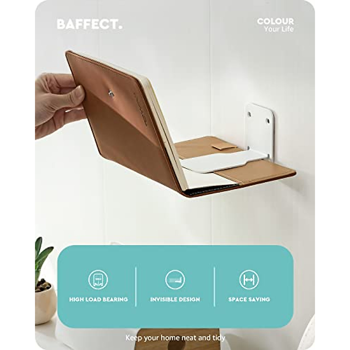 Baffect Invisible Floating Bookshelves, Set of 4 Concealed Drilling Mounted Bookshelves, Heavy-Duty Metal Book Organizers for Bedroom (White)