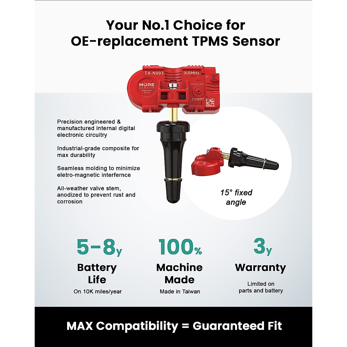 MORESENSOR Signature Series 315MHz TPMS Tire Pressure Sensor 4-Pack | Preprogrammed for Select 120+ American Brand Models | Replacement for 6F2Z-1A189-A 7L1Z-1A189-A | Snap-in | NX-S042-SN-4