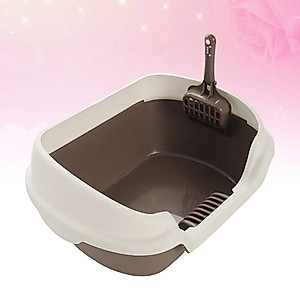 TEHAUX Cat Litter Box Self Cleaning Pet Cat Hut- Semi- Enclosed Cat Litter Box Practical Cat Cleaning Bath Basin Plastic Cat Toilet (Coffee, Size M) 15.72X11.79X4.52in