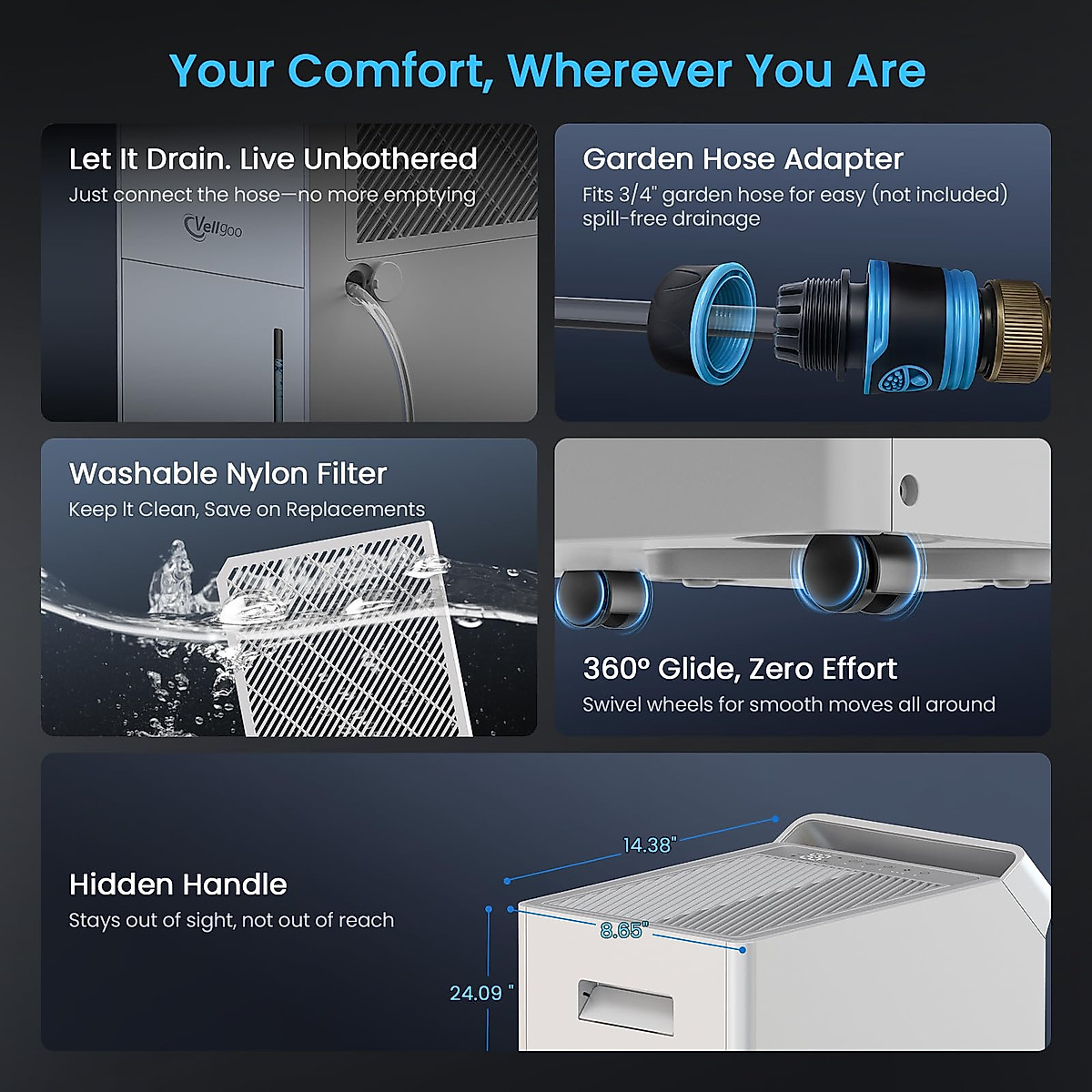 Vellgoo 4,500 Sq.Ft Energy Star Dehumidifier for Basement with Drain Hose, 52 Pint DryTank Dehumidifiers for Home Large Room, Intelligent Humidity Control