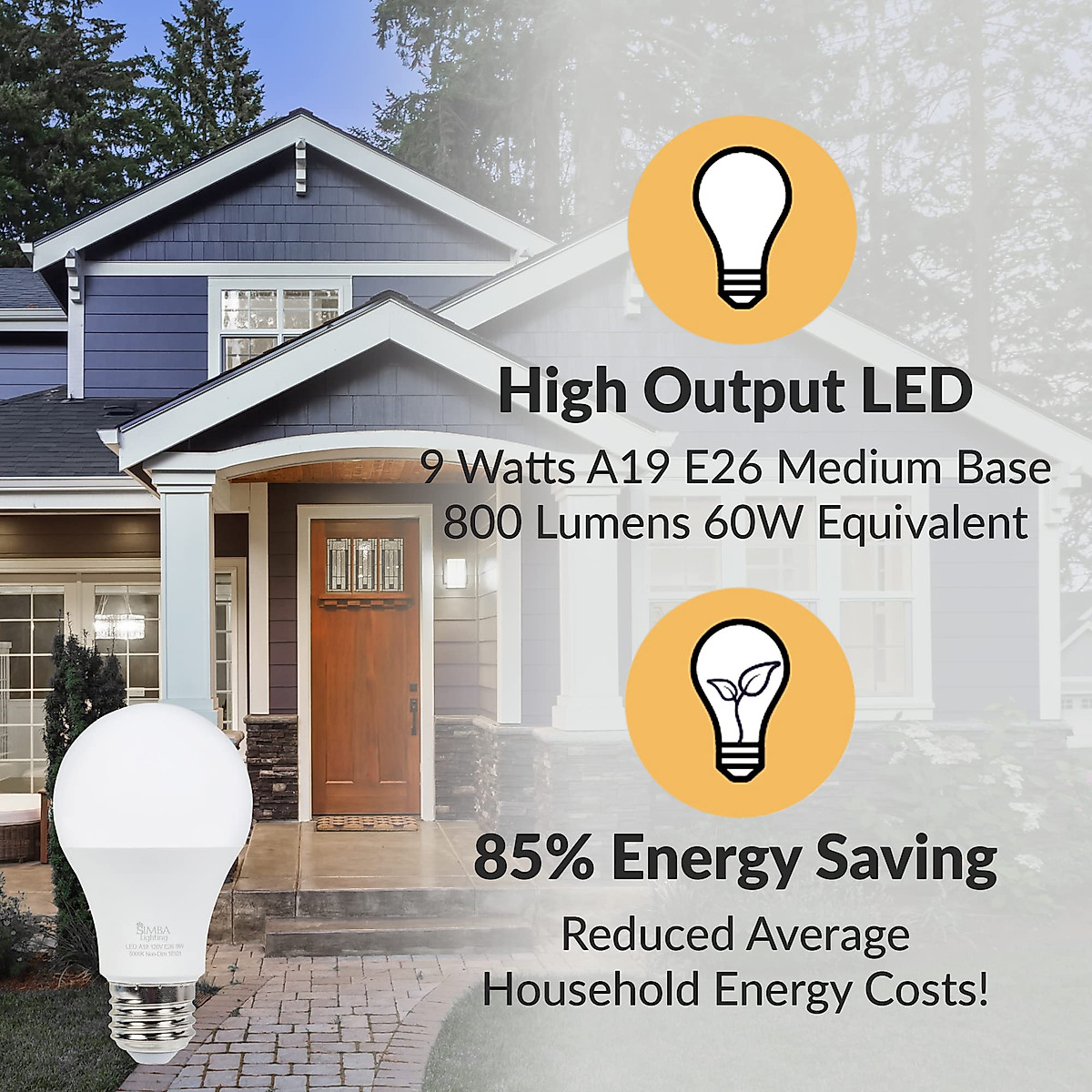 Simba Lighting LED A19 Light Bulbs (4 Pack) 9W 60W Equivalent Standard Size Energy Efficient for Home Applications, E26 Medium Base, 5000K Daylight