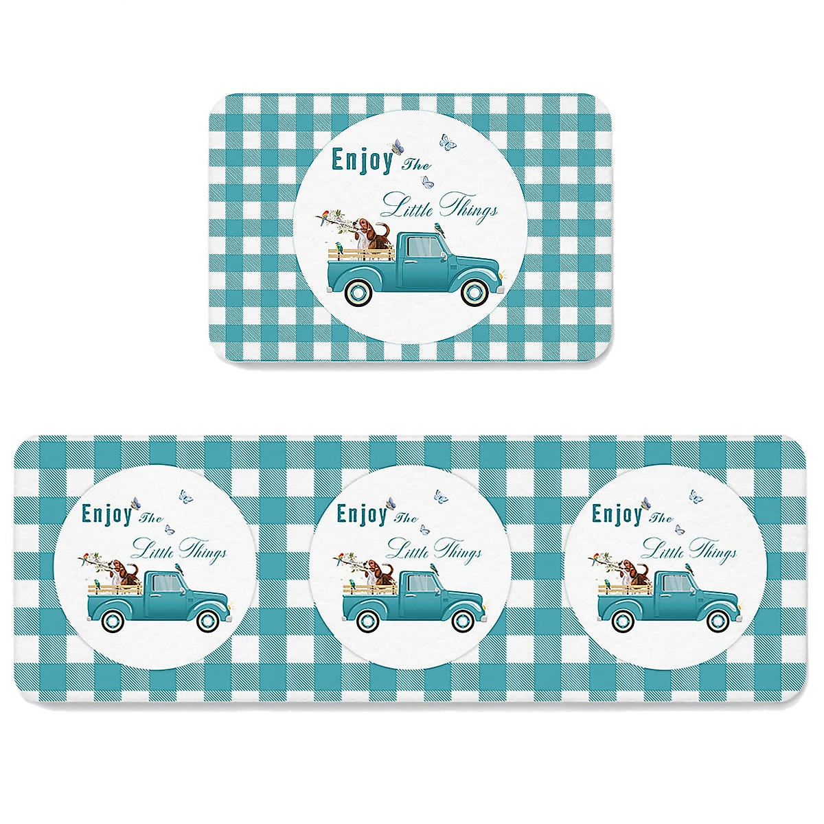 2 Pieces Kitchen Mats Floor Area Rug Set Farmhouse Teal Truck Cute Dog Non-Slip Doormat, Indoor Water Absorbent Standing Runner Rugs for Home Decor Spring Flower Butterfly Aqua Plaid