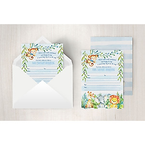 Boy Jungle Safari Baby Shower Invitations - Safari Animal Invitation - 20 Fill-In Invitations - Blue Boy Baby Shower Party - Monkey, Lion, Elephant, Giraffe - Envelopes Not Included