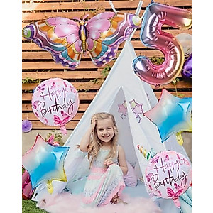 Butterfly Balloons 5th Birthday Decorations for Girls, Butterfly Birthday Party Supplies Fairy Pink Princess Groovy Party Supplies Favors Anniversary Decor, 32 Inch Gradient Balloon Number 5