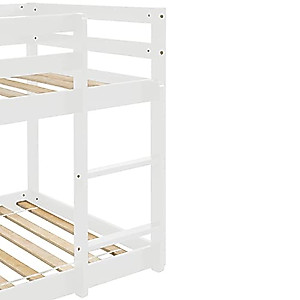 Senviy Twin Over Twin Floor Bunk Bed with and Guardrail,Wooden Bed Frame for Girls and Boys for Bedroom,No Spring Box Needed (White)