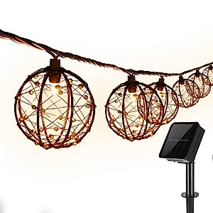 Solar Rattan Ball String Lights Outdoor Waterproof 8.5ft Led Decorative Light with Beaded Copper, Rattan Ball Outside Lighting for Christmas, Patio,Party, Backyard, Porch, Garden, Balcony, Warm White