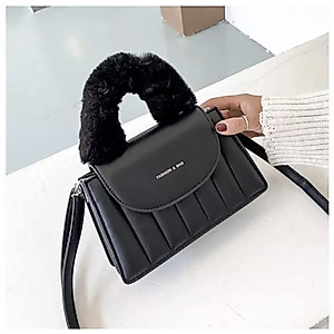 FALL SUMMER SOLID COLOR VEGAN PU LEATHER CROSSBODY/TOP HANDLE FUR BAG (BLACK)