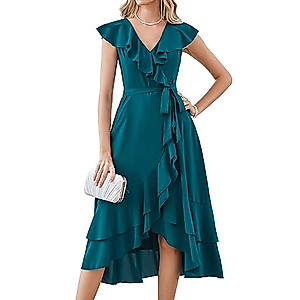 GRACE KARIN Wrap V Neck Long Bridesmaid Dresses for Wedding Sleeveless Ruffle Chiffon Formal Evening Party Dresses Blue Green