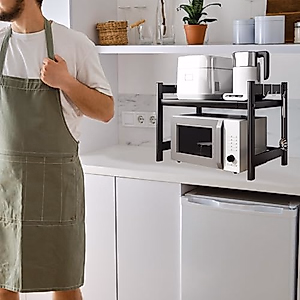 MOMOJIA Versatile Microwave Stand with Expandable Designs Kitchen Counter Organizers with Hooks Carbon Steel Constructions