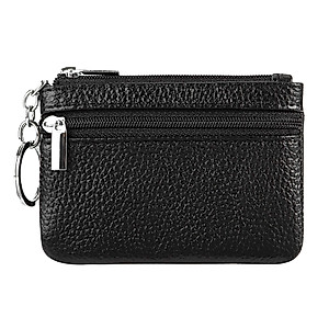 Women Genuine Leather Keychain Zipper Change Wallet Small Mini Pocket Size Coin Purse, Black