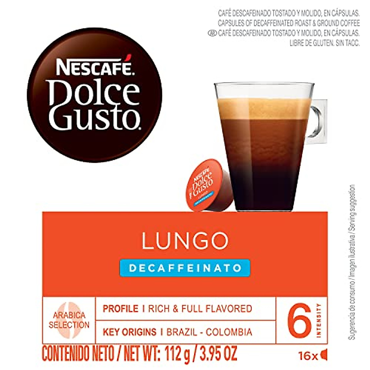 Nescafe Dolce Gusto Coffee Pods, Lungo Decaffeinato, 16 capsules, Pack of 3