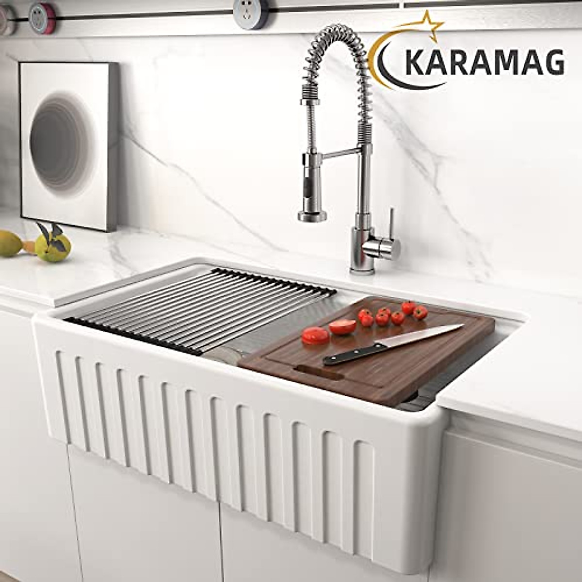 KARAMAG 33 Inch Workstation Farmhouse Kitchen Sink with Accessories, Reversible Apron-Front Single Bowl Kitchen Sink Ceramic White Farm Sinks Undermount For Kitchens