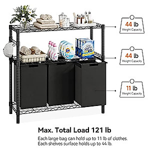 Laundry Sorters with 3 X 45L Pull-Out & Removable Laundry Bags, 2 Tier Adjustable Metal Storage Shelf, Oxford Fabric Laundry Baskets, Black