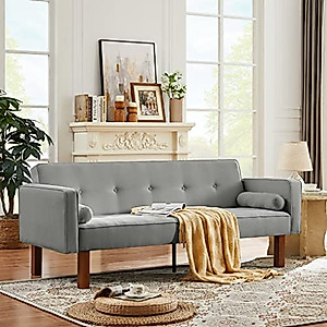 Verfur Upholstered Futon Sofa Bed for Small Spaces,74.4" Button Tufted 3 Seater Convertible Sleeper Couches Loveseat for Living Room,Bedroom and Office, Light Gray
