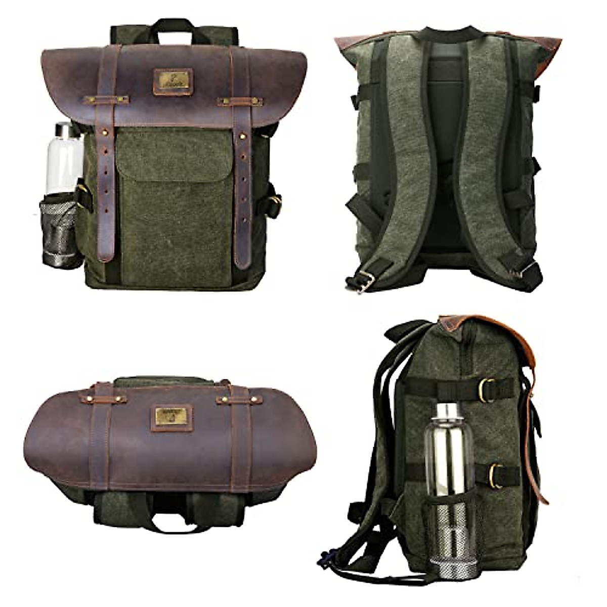 Canvas Backpack for Men Genuine Leather Cover Vintage Travel Rucksack School Book Bag, Fit 15.6" Laptop (Green)