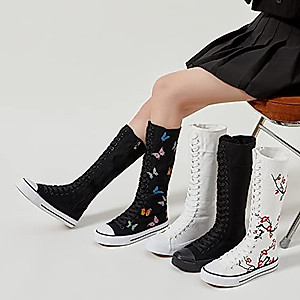 ZGR Women’s Canvas High Top Shoes Knee High Boots Fashion Girl Fancy Scool Shoes White And Black Lace Up Zipper Sneakers For Women(Black;US09.5)