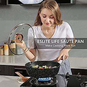ESLITE LIFE Nonstick Deep Frying Pan with Lid, 3 Quart/9.5 Inch Granite Coating Sauté Pan Compatible with All Stovetops (Gas, Electric & Induction), PFOA Free