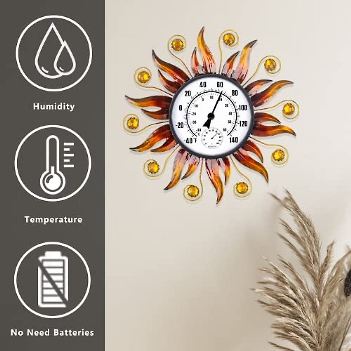 HOBYLUBY 13" Indoor Outdoor Thermometer, Sun Wall-Mounted Thermometer with Humidity, Easy to Read Decorative Outside Thermometer for Patio, Garden, No Require Batteries