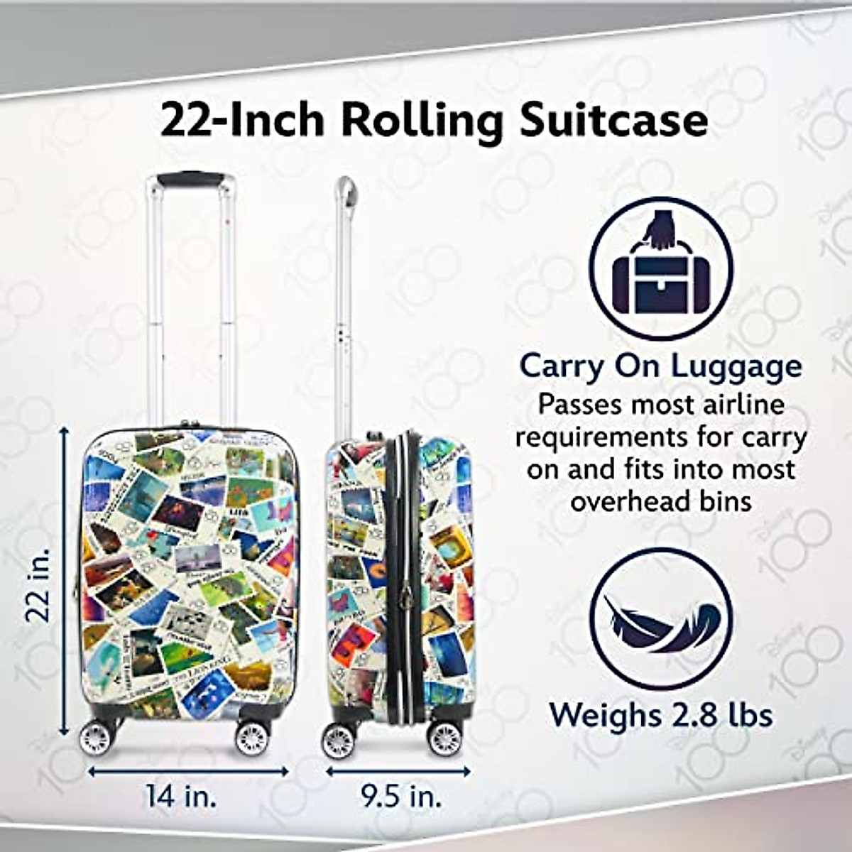 FUL Disney 100 22 Inch Carry On Rolling Luggage, 100 Years of Disney Stamps Hardshell Suitcase with Spinner Wheels, Multi
