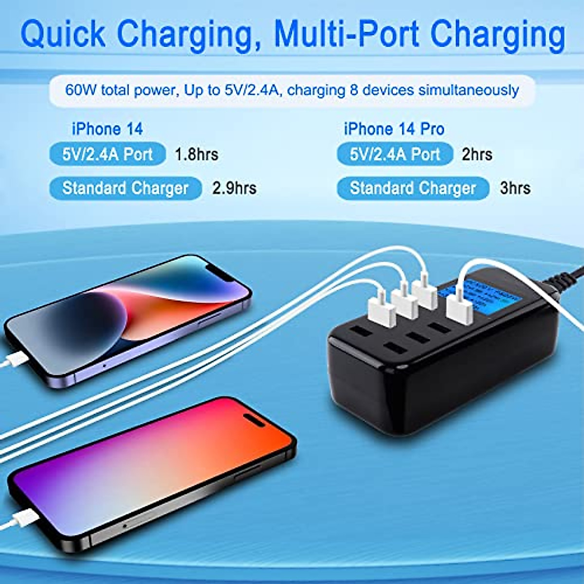 USB Charging Station, 60W 8 Port USB Charging Hub 12A USB Charger Station with LCD Display for Multiple Devices, Smart Desktop USB Charger for iPhone 14/14 Pro/13 Pro/13 Pro Max, Galaxy, iPad
