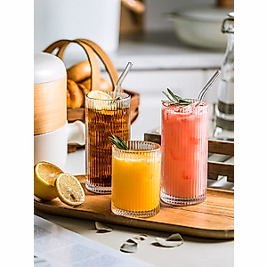 POLIDREAM Drinking Glasses with Origami Style Set of 4 Glass Cups, 12 oz Ribbed Glassware, Highball Glass Cups, Elegant Art Deco Ripple Vintage Glassware, Juice Glasses, Ideal for Cocktail, Beer