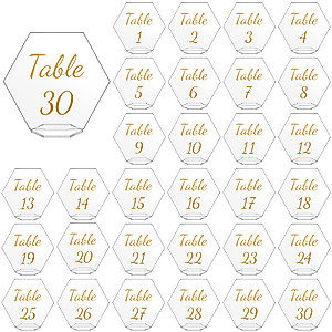 Zhanmai 30 Pcs Acrylic Table Numbers 1-30 for Wedding Table Numbers Hexagon Table Number Signs 5.5 x 5 Inch Clear Place Cards with Stand for Wedding Reception Events Party Restaurant (Gold Letter)