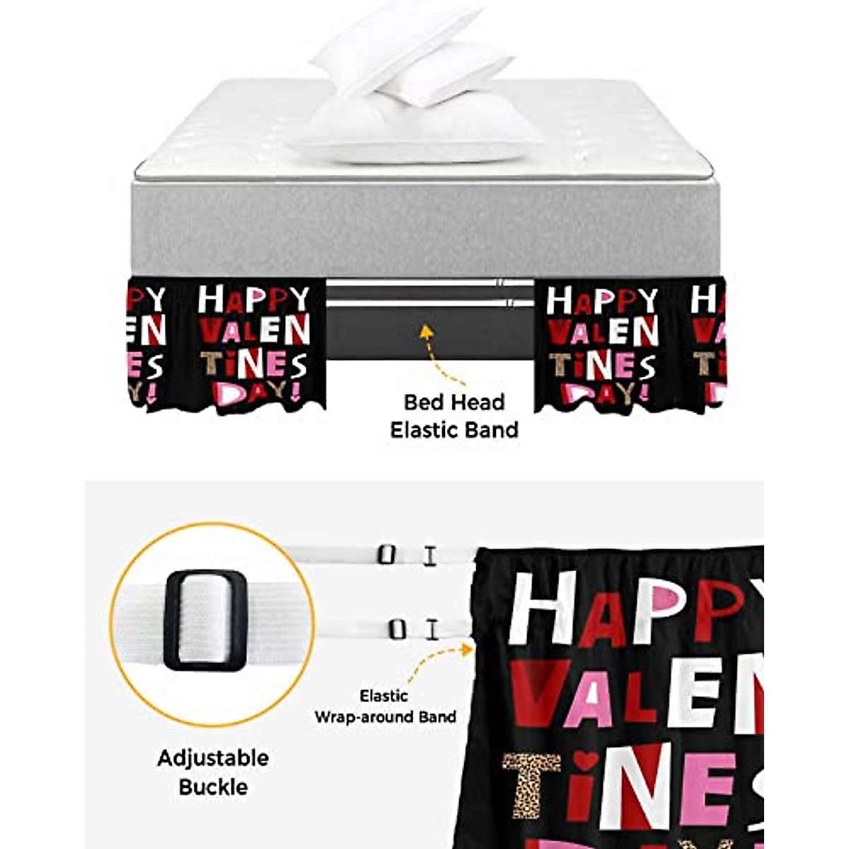 Valentine's Day Bed Skirt King Size 16 Inch Drop,Adjustable & Elastic Wrap Around Bed Skirts Pleated Luxury Dust Ruffles for Twin Full Queen Cal King Bed,Red Pink Black Saint Leopard English Print