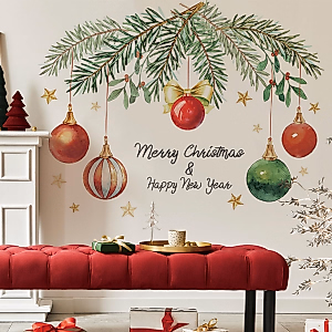 30.71 x 12.12 Inch Merry Christmas Wall Decals Happy New Year Wall Stickers Removable Christmas Fruit Light Ball Wall Decals Decor for Xmas Holiday Party Supplies Home Wall Decor
