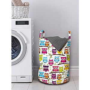 Lunarable Owls Laundry Bag, Owls in The Forest Woodland Celebration Friendship Togetherness Themed Artwork Print, Hamper Basket with Handles Drawstring Closure for Laundromats, 13" x 19", Multicolor