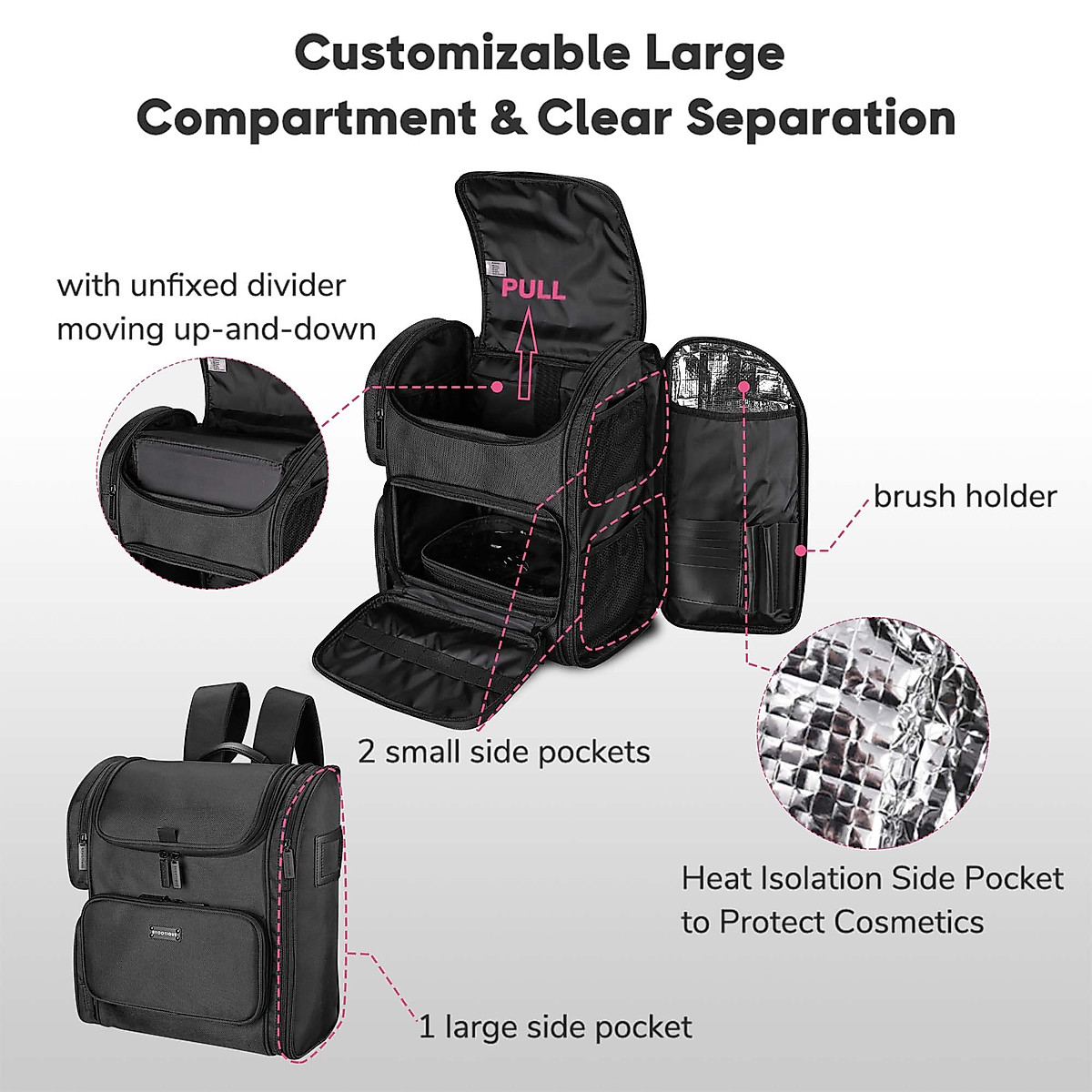 BYOOTIQUE Makeup Backpack Soft Sided Makeup Train Case Barber Cosmetic Bag Double Layer Organize Carry on Travel with Heat Isolation Side Pocket Removable Bag for Makeup Artist Hairstylist, Black