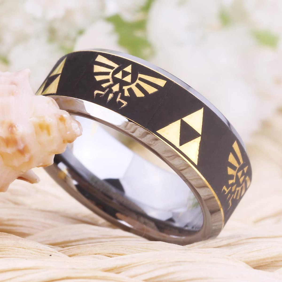 CLOUD DANCER FREE Custom Engraving The Legend of Zelda Ring- Crest and Triforce Ring Gold with Silver Bevel Tungsten Carbide Wedding Ring Engagement Ring (9.5)