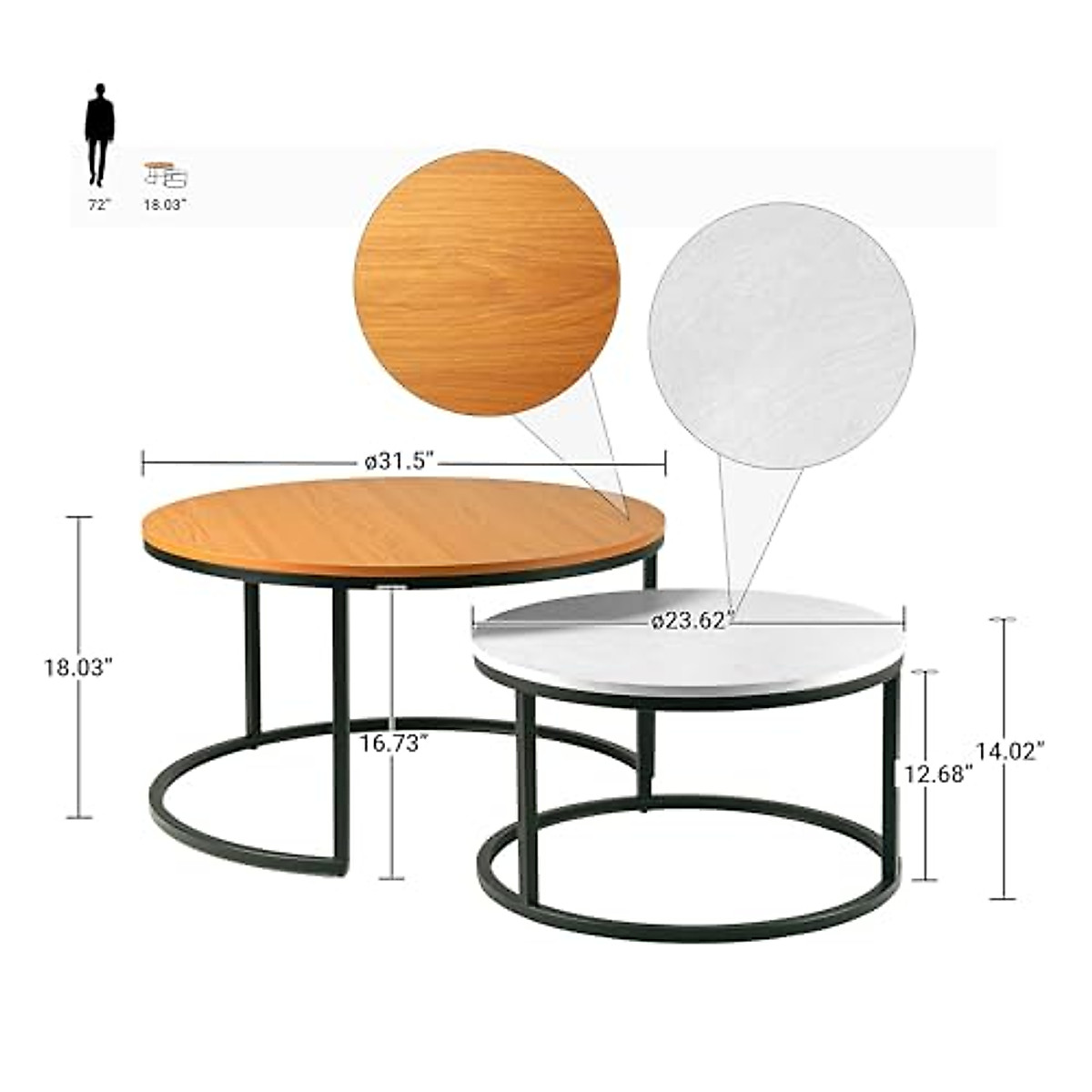 ODIKA 31.5'' Modern Round Nesting Coffee Tables (Set of 2), Stacking Living Room Accent Tables with Industrial Wood Finish & Metal Frame, Brown/White Tops, Space-Saving, Easy Assembly & Cleaning