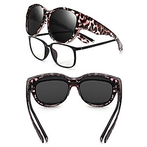 Leoidou Polarized Sunglasses Fit Over Glasses Over Glasses Trendy Round Cat Eye Wrap-around Sunglasses (Grey leopard, Black)