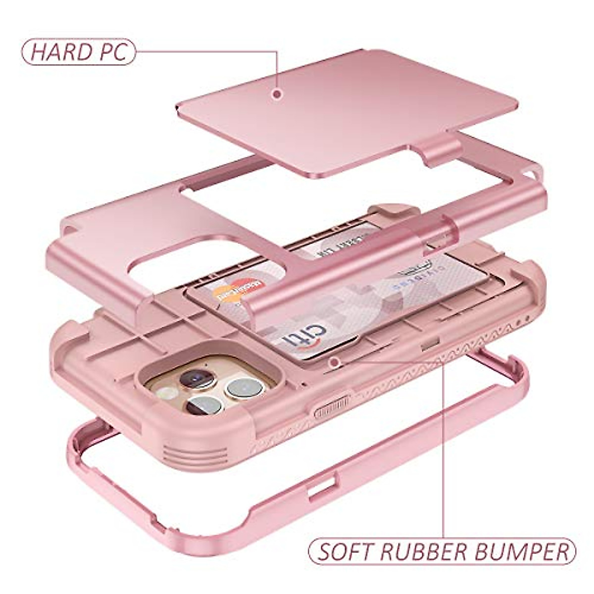 WeLoveCase for iPhone 12 Pro Max Wallet Case with Credit Card Holder & Hidden Mirror, Three Layer Shockproof Heavy Duty Protection Cover Protective Case for iPhone 12 Pro Max - 6.7inch Rose Gold