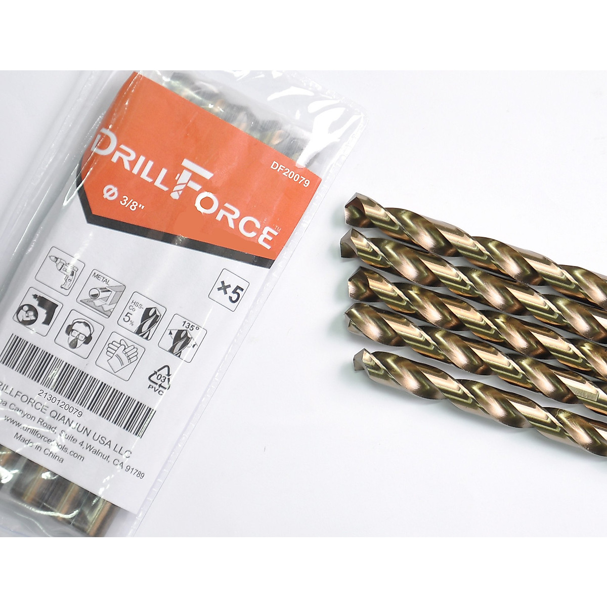 5PCS, 3/8", Cobalt Twist Drill Bits
