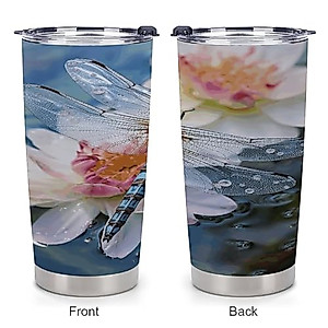FHENMSA Reusable Plastic Water Cups with Lids,Dragonfly Lotus Print Anti-overflow Cup,sports Travel Coffee Cup
