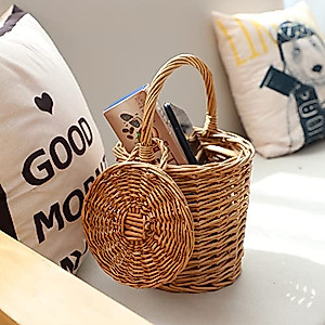 Small Wicker Basket, Round Storage Bin with Handle and Lid for Cell Phones Toys Sundries