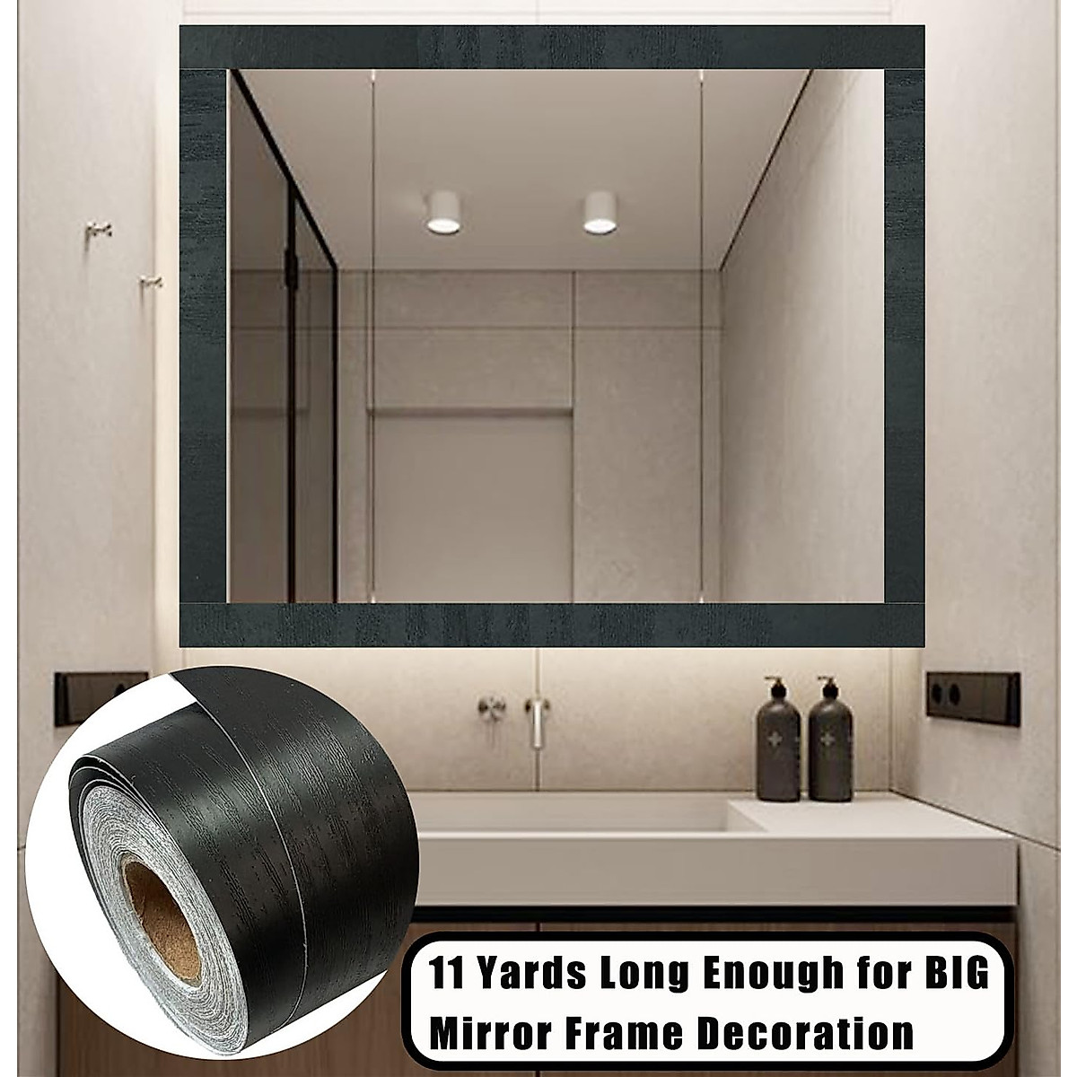 DESOMINOR 32FT Black Border Peel &Stick Black Wood Grain Wallpaper Border Removable Waterproof Bathroom Mirror Frame Sticker,3.94 Inches by 32.8 Ft
