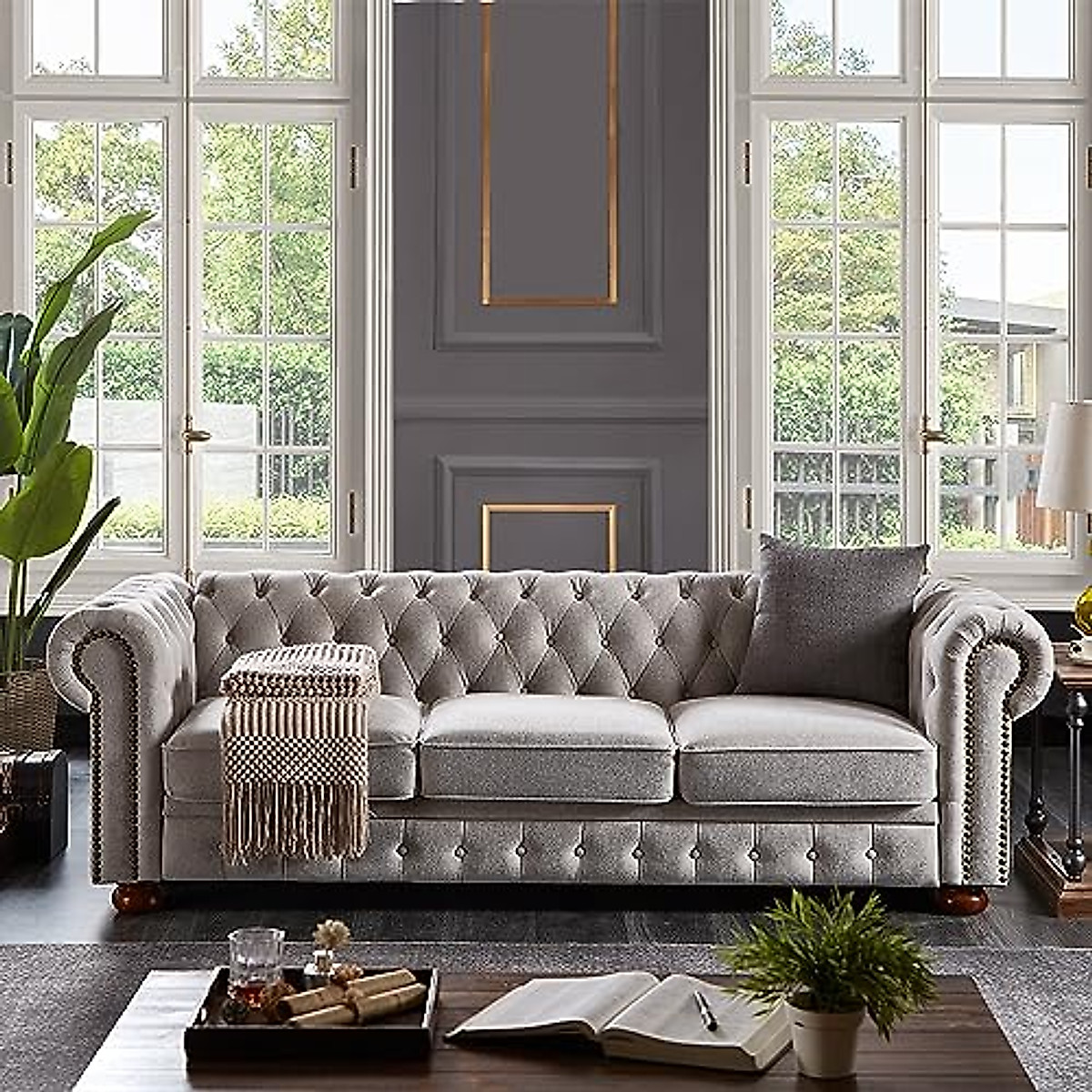 LIADTOP, 3-Seat Chesterfield Sofa with Button Tufted, Nailhead Trim and Solid Wood Legs, Classical Linen Fabric Couch for Living Room, Office, Light Grey
