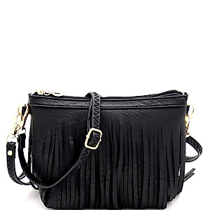 Front and Back Both Side Fringed Soft PU Leather Small Boho Crossbody Wristlet (ZBlack)