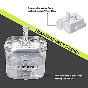 FURBULOUS pet Fountain 68oz/2L, Automatic cat Water Fountain, 3-Speed Adjustable Silent Water Pump, 304 Stainless Steel Drinking Tray, Translucent Water Tank. Dog Water Dispenser for Multiple Pets