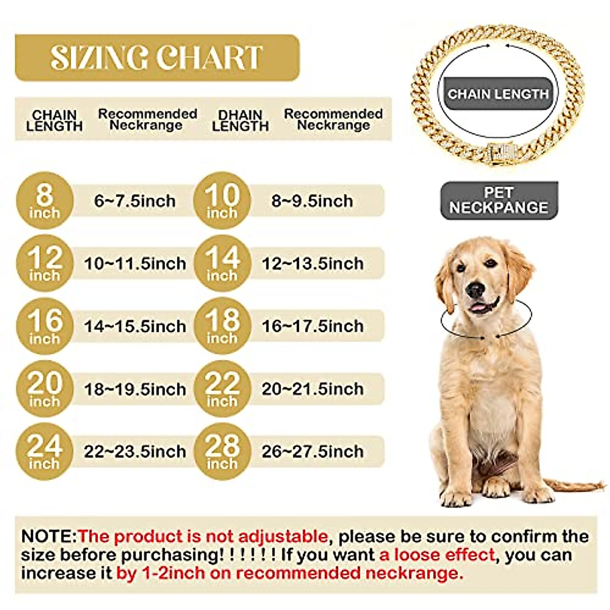 Tallew Dog Chain Diamond Cuban Collar Walking Metal Chain Collar with Design Secure Buckle, Pet Cuban Collar Jewelry Accessories for Small Medium Large Dogs Cats (Gold, 12 Inch)